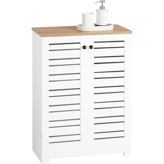 SoBuy Sobuy - Meuble Bas De Salle De Bain 2 Portes Persiennes Avec Aimants + Étagères Réglables, mdf Laqué Blanc Mat, Anti-Humidité, 60×30×82 cm, BZR41-W