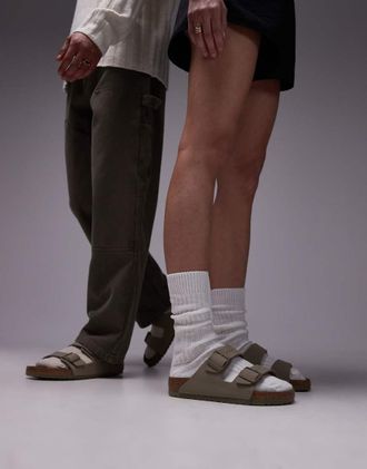 Birkenstock Arizona - Schmale Birko-Flor-Sandalen in verwaschenem Khaki mit Unisex-Passform-Grün