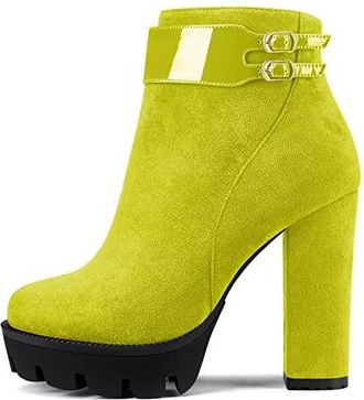 Castamere Femmes Bloc Chunky Plate-forme Haut High Talon Heel Fermé Rond Bout Bottines Fermeture à Glissière Classique Bottes Vert Citron 38 EU