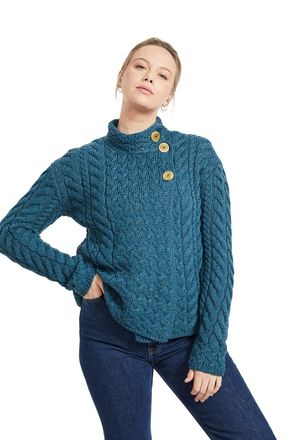 Aran Woollen Mills Irischer Aran Strickjacke Strickmantel Wollmantel Wolljacke Cardigan mit Holzkn&ouml;pfe aus Merinowolle f&uuml;r Damen (DE/NL/SE/PL, Alphanumerisch, L, Regular