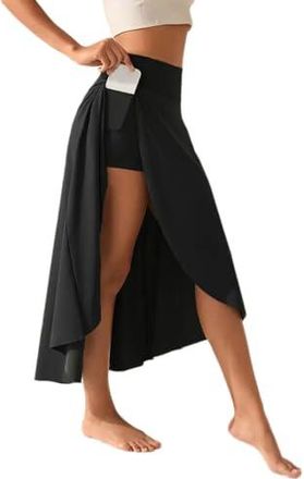 Onsoyours Jupe Longue Asymétrique pour Femme, de Tennis, Taille Haute, avec Poches, de Course, Sport, de Golf, avec Pantalon Intérieur, à Volants A Noir M