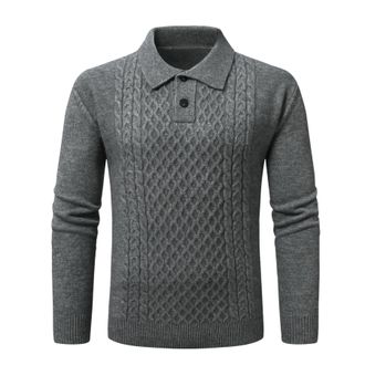 AlltheMen Herren Pullover Winter mit Kn&ouml;pfen Strickpullover Revers Sweater mit Zopfmuster Winterpullover Strick Grau XXL