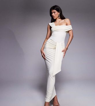 the frolic Exklusives, figurbetontes Maxikleid in Creme mit Bardot-Ausschnitt und drapiertem Detail-Wei&szlig;