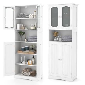 Giantex Armoire de Salle de Bain Haute, Portes en Verre Trempé, Etagères Réglables à 3 Positions, Kit Anti-basculement, Meuble Rangement pour Salle de Bain, S