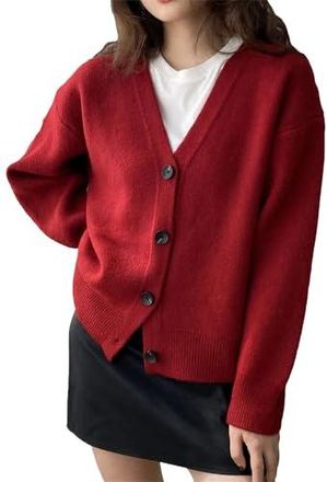 Generic Cardigan dhiver &eacute;pais d&eacute;contract&eacute; &agrave; col en V de couleur unie &agrave; manches longues pour femme, Rouge, taille unique