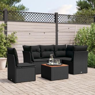 Festnight QJBSAVVA 6-TLG. Gartenm&ouml;bel Set Schwarz Poly Rattan 62x62x69 cm Eck- & Mittelsofa mit Akazienholztisch Modernes Lounge Design platzsparend f&uuml;r Balkon 