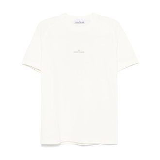 Stone Island Homme, Tops, Blanc, Taille: M T-shirt Blanc &agrave; Col Rond avec Imprim&eacute;