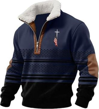 Generic Pull chrétien en polaire pour homme avec fermeture éclair 1/4 - Col à revers - Pull pour homme - Motif drapeau national - Pull à manches longues - Cha