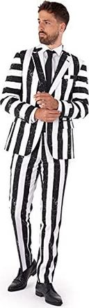 OppoSuits Costume Beetlejuice Premium pour Homme - Tenue dhalloween des années 80 - Coupe Ajustée - Noir Blanc - Blazer, Pantalon Et Cravate