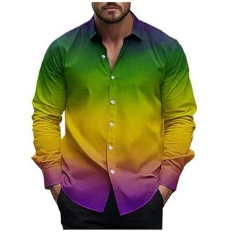 Generic Chemise de bowling colorée boutonnée en satin à manches longues pour homme - Haut décontracté à manches longues pour carnaval, boîte de nuit, soirée d