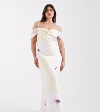 Pretty Lavish Curve Robe caraco longue &agrave; &eacute;paules nues en satin - Lilas et jaune fleuri-Violet