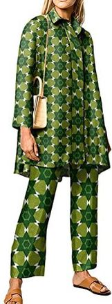 ORANDESIGNE Femme Shirt 2 Pièces Set Élégante Ample Imprimées Ensemble de Chemises à Boutons Chic et Pantalon Large à Taille élastiquée Deux Pièces Informel Panta