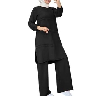 Generic Ensemble de surv&ecirc;tement d&eacute;contract&eacute; de couleur unie &agrave; manches longues et col rond pour femme - Ensemble de v&ecirc;tements de d&eacute;tente pour femme - Pantalon 