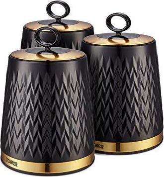 Tower Tower T826091BLK Empire Vorratsdosen Set mit 3 Vorratsdosen f&uuml;r Tee, Kaffee, Zucker, 1,3 l, Schwarz und Messing