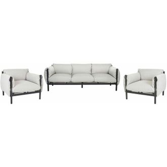 Beliani Lounge Set Hellgrau und Schwarz Aluminium 3-teilig f&uuml;r 5 Personen mit Kissen Stoff 3er Sofa und 2 Sessel Outdoor Terrasse Garten Ausstattung