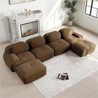 Generic Modulares Schlafsofa mit Ottomane, 3-Sitzer, modulares Cord-Sofa, ohne Montage, for Wohnzimmer, rahmenloses Sofa, mit gebogenen Armlehnen(Marrone,4S+2