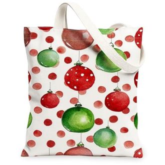 Generic Sacs fourre-tout en toile de No&euml;l, motif ornement color&eacute;, sacs d&eacute;picerie r&eacute;utilisables, festifs l&eacute;gers et lavables avec bandouli&egrave;re Ca, Rouge et vert,