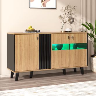 Merax Sideboard mit LED-Licht, Modernen Kommode mit 3 Türen und Glas, TV-Tisch mit viel Stauraum, für Wohnzimmer, Esszimmer & Schlafzimmer, 140x41x78,5cm, H