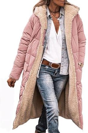 Generic Manteaux dhiver pour femmes, vestes longues doubl&eacute;es en polaire, vestes doubl&eacute;es en sherpa tendance 2025 avec capuche, parka r&eacute;versible et poches chau