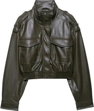 Generic Blouson aviateur vintage en simili cuir for femme, veste courte &agrave; fermeture &eacute;clair avec manches longues et poches lat&eacute;rales(Military green,xs)