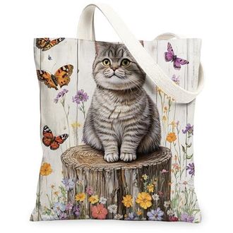 Generic Sac fourre-tout en toile motif chats britanniques &agrave; poil court printanier 33 x 38,1 cm, sac d&eacute;picerie r&eacute;utilisable pour femme, motif chaton, voyage, d