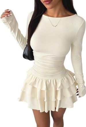 Generic Robe de printemps &agrave; manches longues pour femme, col montant, fronc&eacute;, volants, v&ecirc;tements moulants, couleur unie, coupe ajust&eacute;e, mini robe &eacute;l&eacute;gante, abr