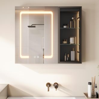 Sonni Spiegelschrank Bad mit Beleuchtung 70x60cm, Schwarz LED Spiegelschrank mit Glasvitrine und Ambientebeleuchtung, Glasboden, Anti-Beschlag, Steckdose, 3