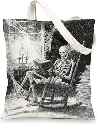 Generic Sacs fourre-tout en toile motif squelette gothique, sacs dépicerie réutilisables, légers et lavables avec bandoulière, noir, 13x15 Inch