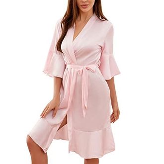 Generic Peignoir &Eacute;ponge Dames Couleur Unie Satin Couleur Ding Bord &agrave; Volants Chemise de Nuit Maison v&ecirc;tements mari&eacute;e Matin Robe &eacute;lastique Soie Robe Courte Che