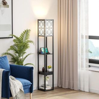 Costway Costway - Stehleuchte E27 Stehlampe Regal, Standleuchte mit 3-Ebenen Holz, Moderne Innenbeleuchtung, Bodenlampe f&uuml;r Schlafzimmer 160x26x26cm Blumen