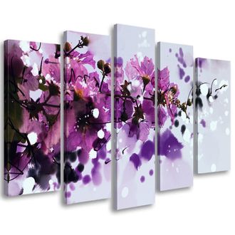 Feeby Leinwandbild 5-teilig 100x70 cm Kirschbl&uuml;te Blume Pflanze Bild Wanddeko Wand Bild Kunstdruck Deko Wohnzimmer Abstraktion Natur Aquarell Violett