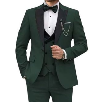 Generic Costume 3 pièces élégant en velours pour homme, coupe ajustée, revers à visière, smoking, veste de dîner, gilet et pantalon, vert militaire, 4XL