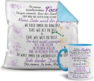 Tassendruck Geschenkset von der Mama für die Tochter - Tasse und Kissen - Himmelblau/Verwandte/Geschenk-Idee/Liebling/Familie