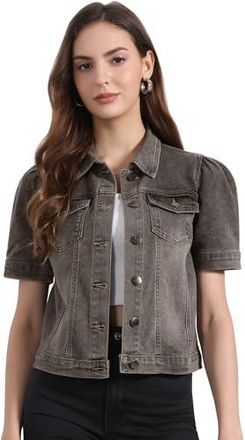 Allegra K Veste en Jean Femme Boutonnage Blouson en Denim D&eacute;contract&eacute;e Manches Courtes Bouffantes avec Poches &agrave; Rebats Gris M