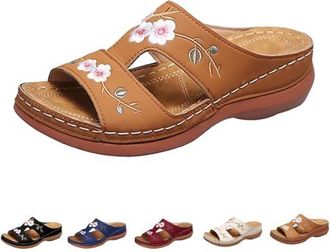 Generic Chaussures orthop&eacute;diques confortables pour femme - Sandales plates d&eacute;t&eacute; en cuir - Broderie florale - Bout ouvert - Respirantes, marron, 39.5 EU
