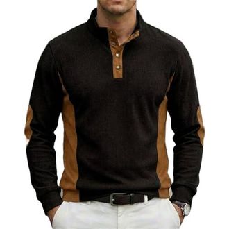 Generic Polo en velours c&ocirc;tel&eacute; d&eacute;contract&eacute; &agrave; manches longues et col montant boutonn&eacute; Henley pour homme, Noir, 3XL