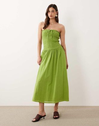 Nobody's Child Mandy - Robe bandeau mi-longue en coton avec corsage fronc&eacute; - Vert