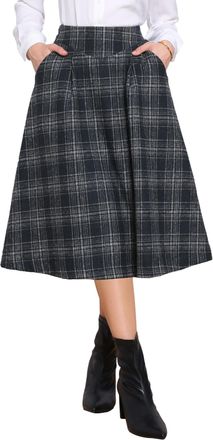 Allegra K Damen Karierte Herbst Röcke Vintage Hohe Taille Midi A-Linie Faltenrock mit Taschen Rock Dunkelblau M