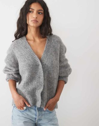 Asos Premium-Alpakamix-Strickjacke mit V-Ausschnitt in Grau meliert