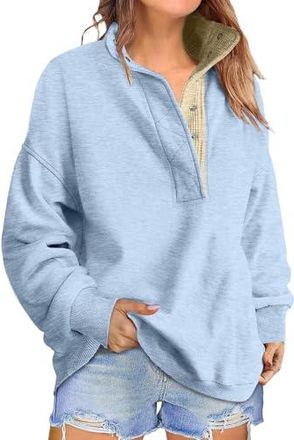 Generic Sweat-shirt d&eacute;contract&eacute; &agrave; boutons pour femme, pull surdimensionn&eacute; &agrave; manches longues, coupe ample, haut dautomne doux, bleu clair, 3XL