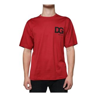 Dolce & Gabbana Homme, Tops, Rouge, Taille: M T-shirt en Coton Rouge avec Logo Imprim&eacute;