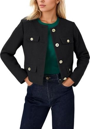 Generic Vestes pour femmes 2026 unies col rond avec bordure boutonn&eacute;e courte - Veste polyvalente pour le week-end, Noir, XS