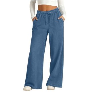Generic Pantalon de jogging baggy pour femme - Jambes larges - Taille haute - Pantalon en jean - Pantalon de loisirs - Couleur unie - Confortable - Pantalon d