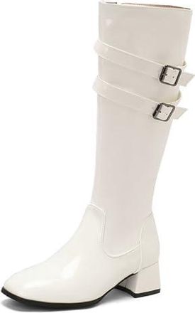 Generic Bottes déquitation montantes pour femme, doublées de fourrure, confortables, bout carré, talon bloc bas, chaussures de fête décontractées pour lhiver,