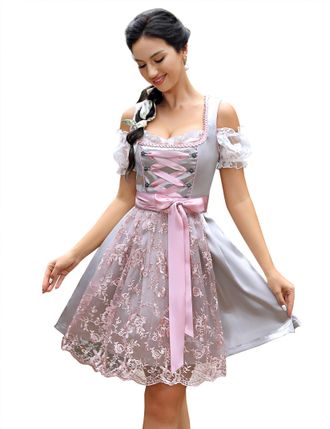 KOJOOIN Damen Dirndl 3tlg. Midi Kurz Trachtenkleid mit DREI Teilig:Dirndl Kleid,Dirndlsch&uuml;rze,Dirndlbluse f&uuml;r Oktoberfest Grau(3tlg.) 44