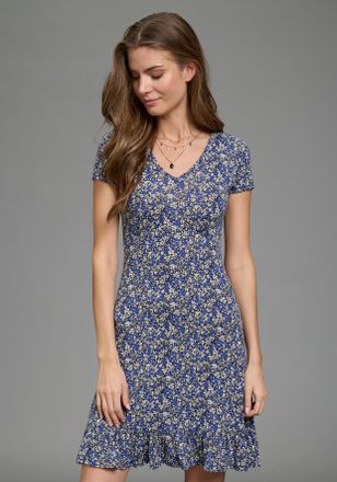 Laura Scott Sommerkleid LAURA SCOTT, Damen, Gr. 34, N-Gr, blau, gebl&uuml;mt, Single Jersey, Obermaterial: 95% Viskose, 5% Elasthan, gebl&uuml;mt, figurumspielend mini, V-A