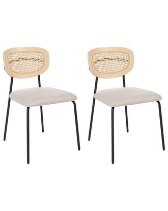 Beliani Esszimmerstuhl 2er Set Rattan nat&uuml;rlich Wiener-Geflecht Stoffbezug beige Mayetta