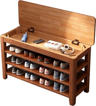 Generic Schuhbank mit Stauraum Klappbares Staufach Massivholzrahmen Sitzbank mit Stauraum Bis 220 Kg Belastbar Schuhschrank mit Sitzbank f&uuml;r Eingangsbereich, 