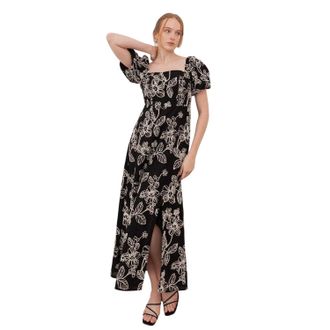 Lovedrobe Maxikleid f&uuml;r Damen, Eckiger Ausschnitt, Puff&auml;rmel (Schwarz)