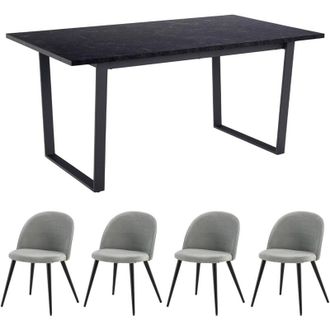 ebuy24 Tilst Essgruppe Tisch schwarz Marmor Print 90x160 4 St&uuml;hlen Velour grau